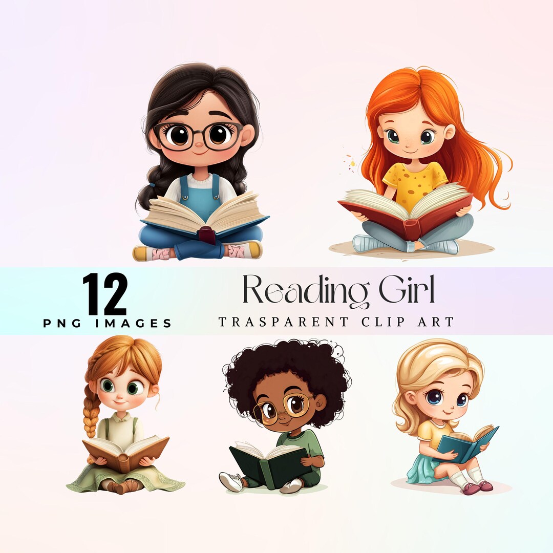 Cute Schoolgirl Reading Book Clip Art, Adorable Little Girl Studying ...