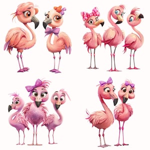 Funny Flamingos Clip Art, Watercolor Amusing Pink Birds Illustration ...