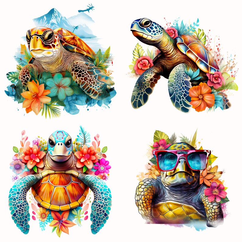 Cute Boho Turtle Clip Art, Watercolor Turtles and Flowers Illustration ...