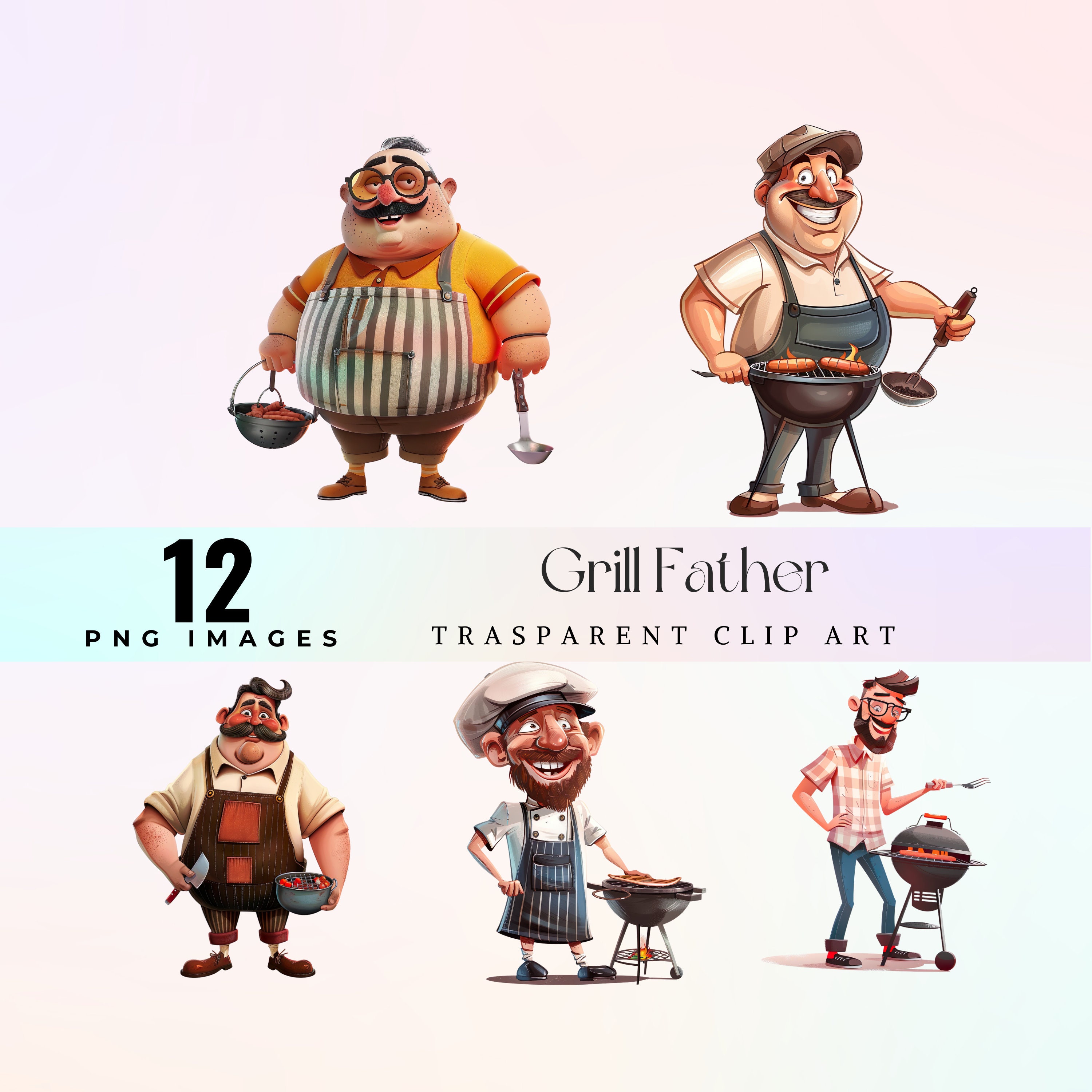 Cute Grill Father Clip Art, Watercolor Joyful Barbecue Master ...