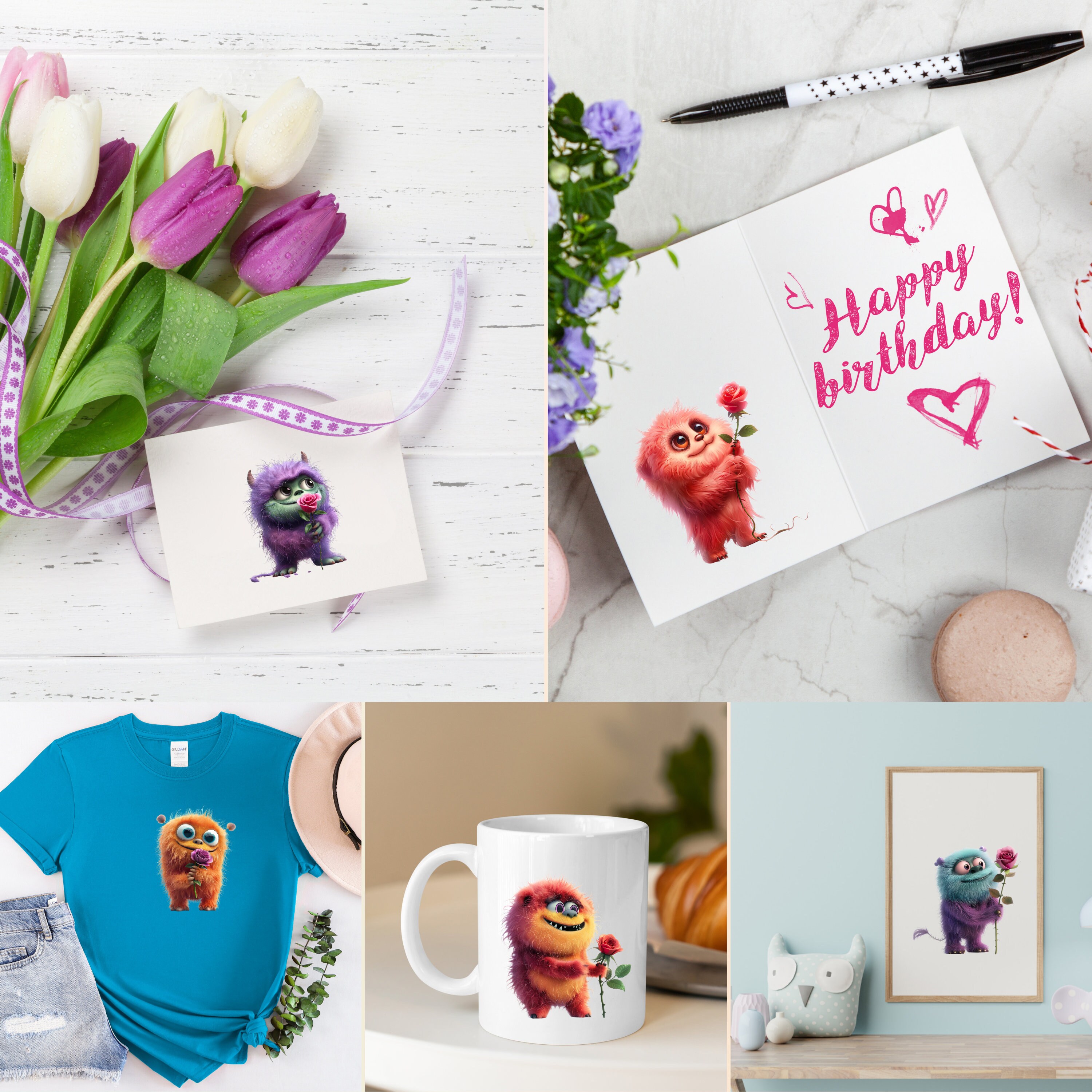 Romantic Monsters Clip Art, Watercolor Fluffy Rose Monsters ...