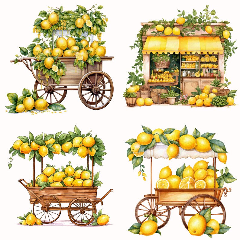 Lemon Cart Clip Art: Summer Citrus PNG Graphics (digital Download) - Etsy