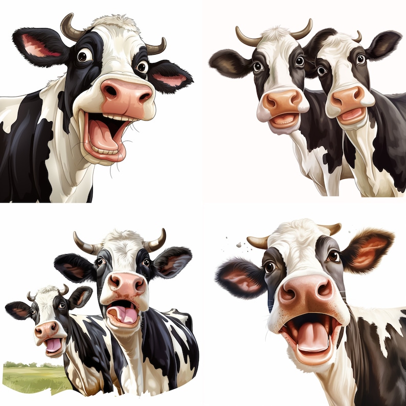 Happy Cows Clip Art, Watercolor Humor Crazy Cows Illustration PNG ...