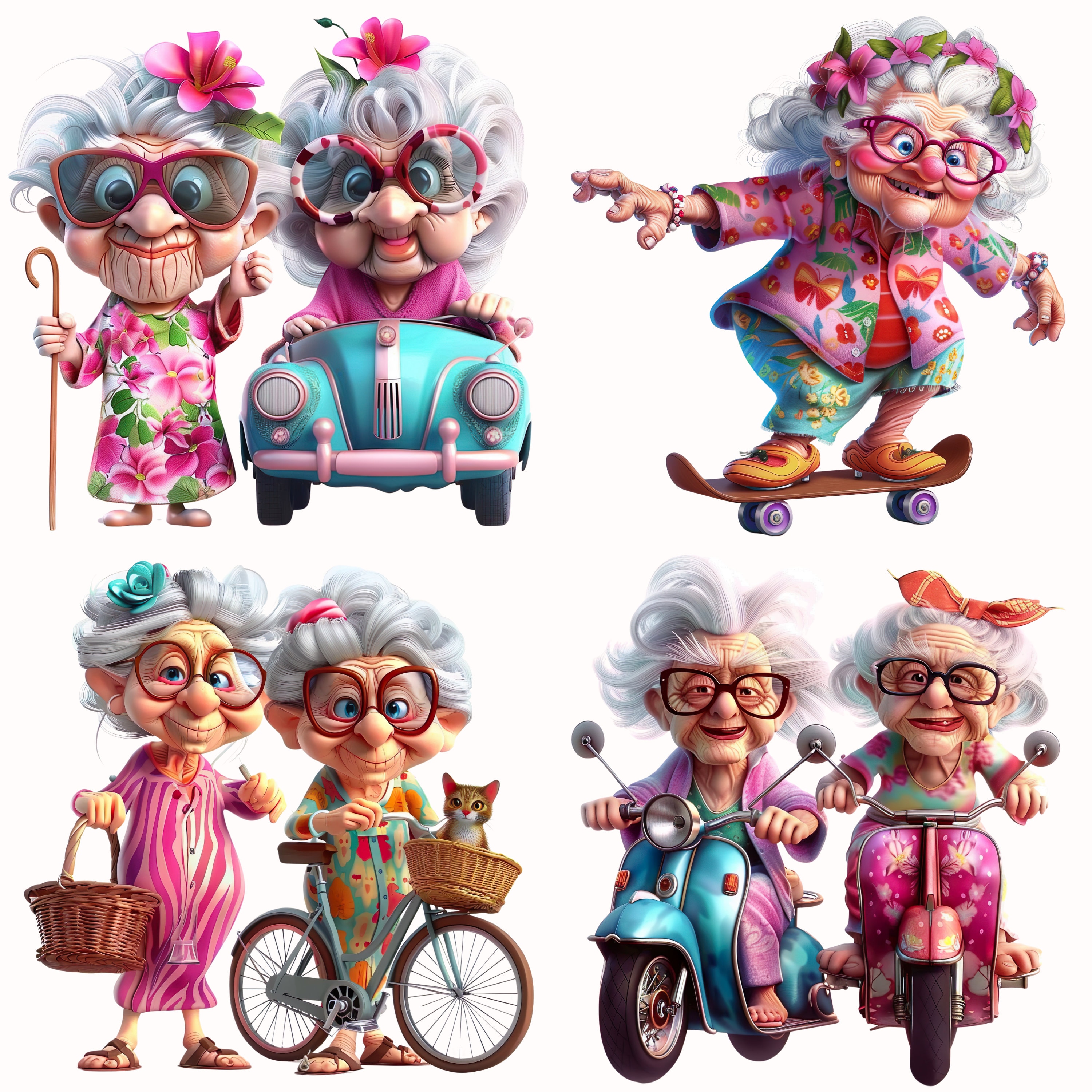 Funny Old Grannies Travel Clip Art, Watercolor Eccentric Elderly ...