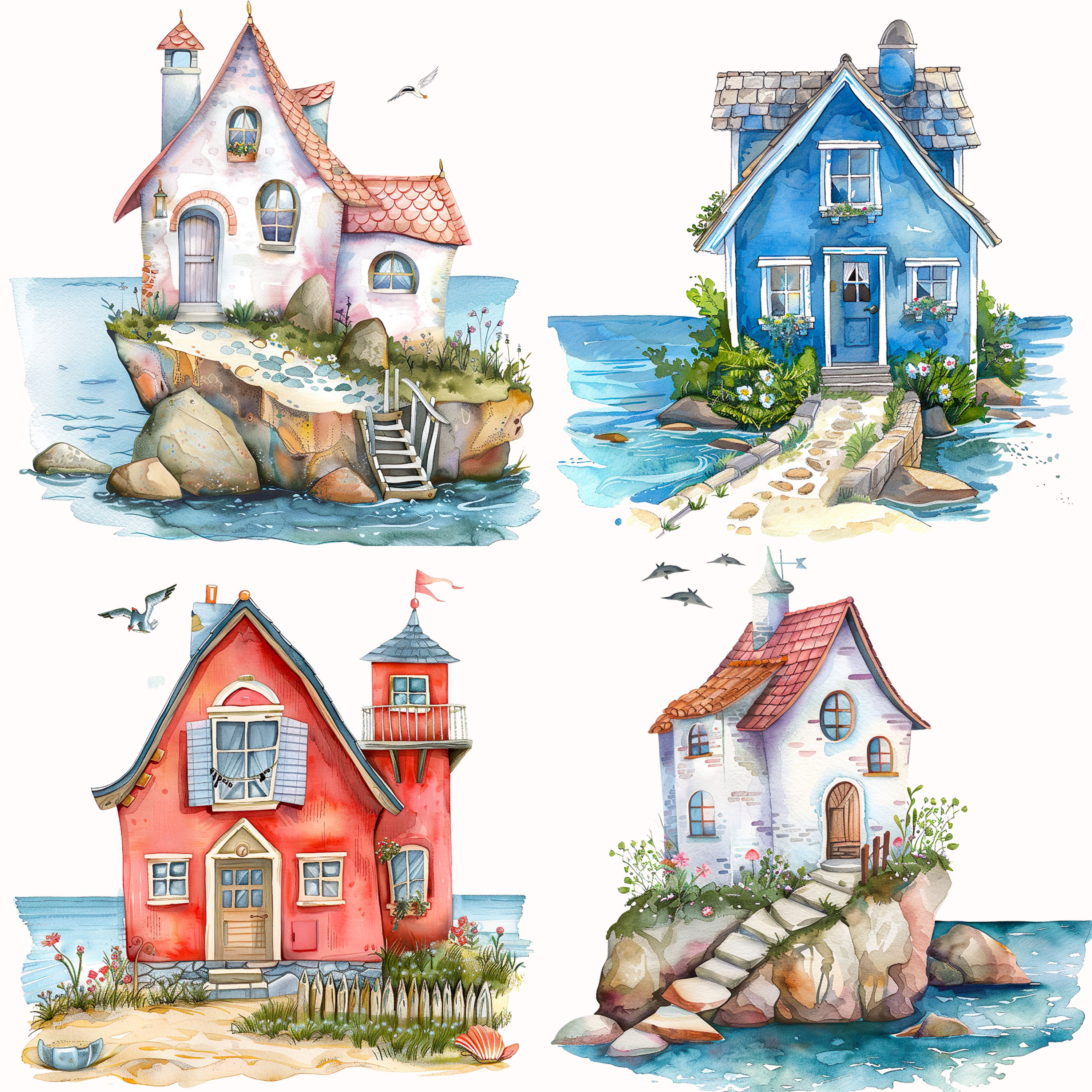 Watercolor Cottage by the Sea Clip Art: Coastal Home PNG (digital ...