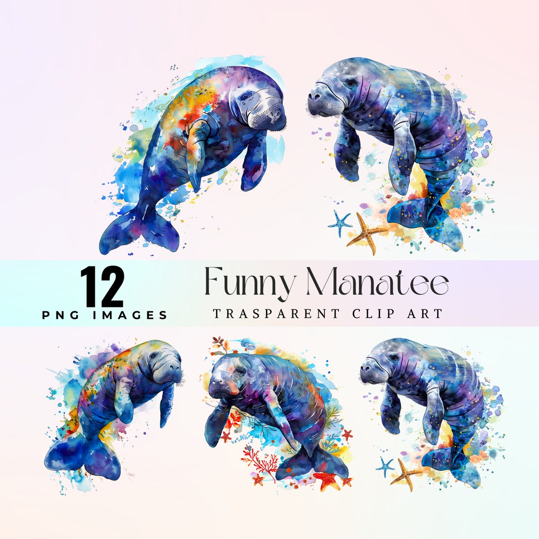 Whimsical Manatee Clip Art, Watercolor Lovely Sea Cow Illustration PNG ...