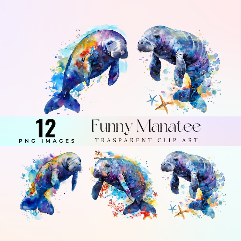 Whimsical Manatee Clip Art, Watercolor Lovely Sea Cow Illustration PNG ...