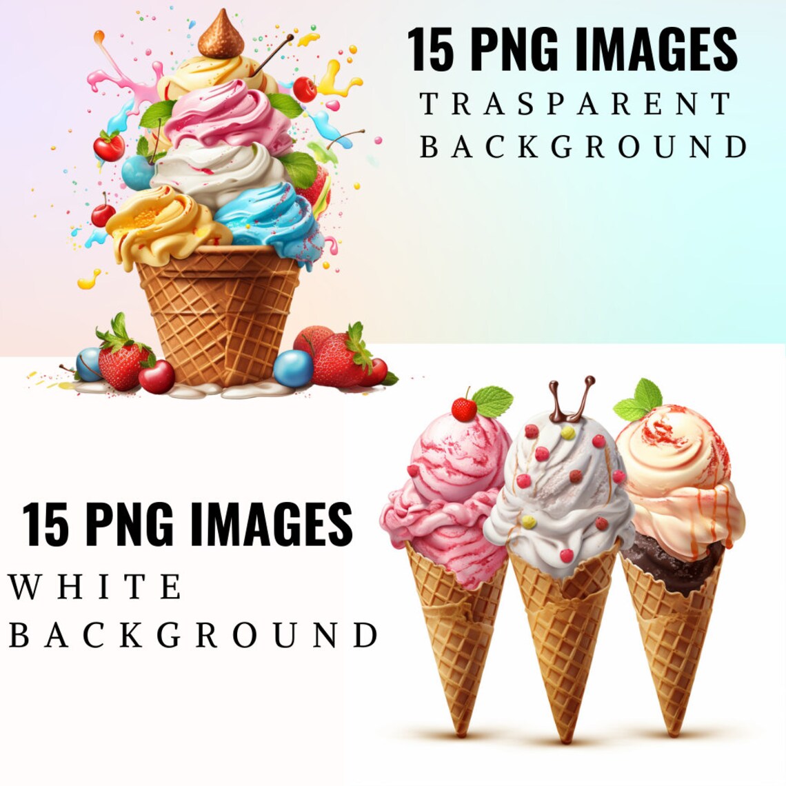 Sweet Ice Cream Clip Art, Watercolor Sugar Cone Illustration PNG, Cream ...