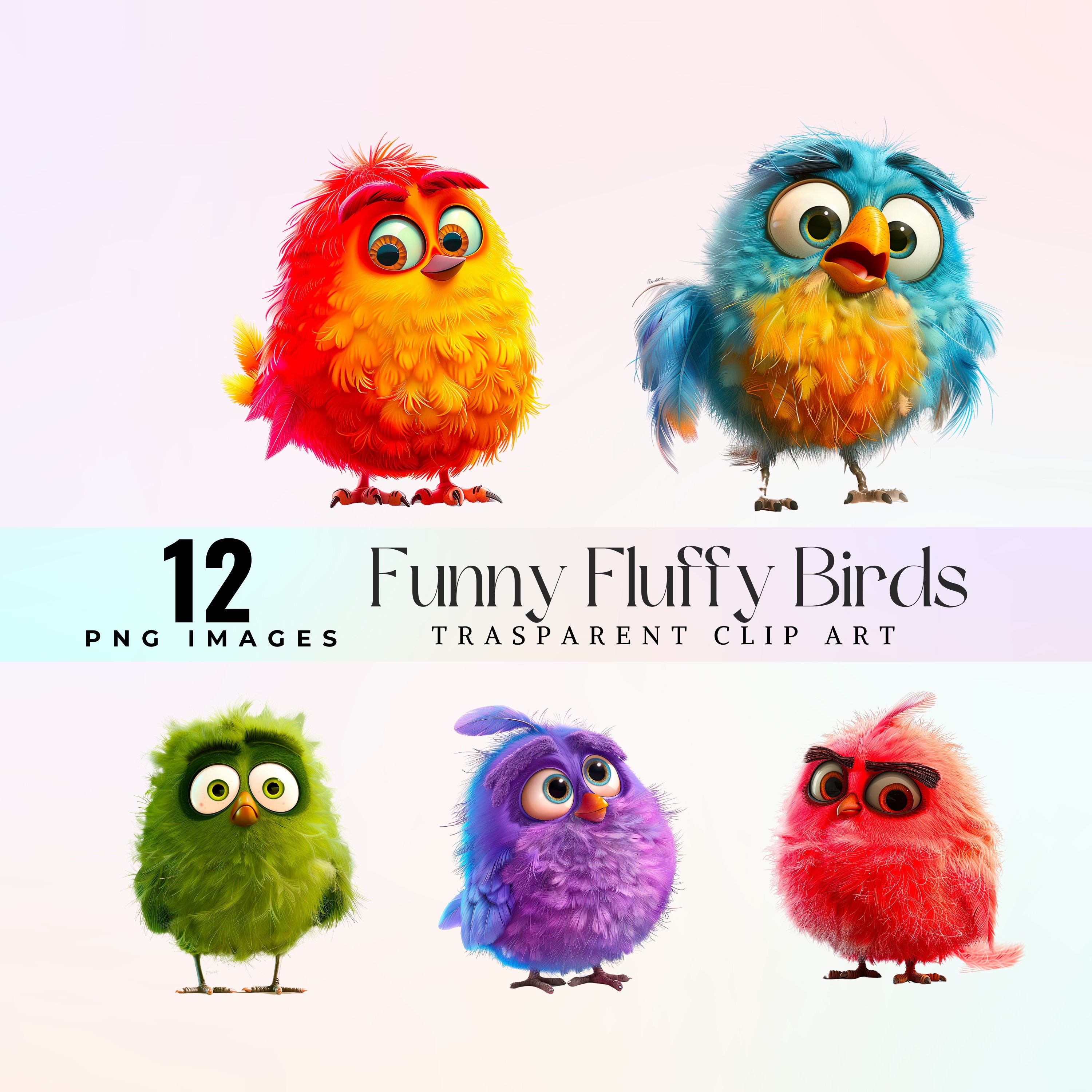 Funny Fluffy Bird Clip Art, Watercolor Amusing Birdies Illustration PNG ...