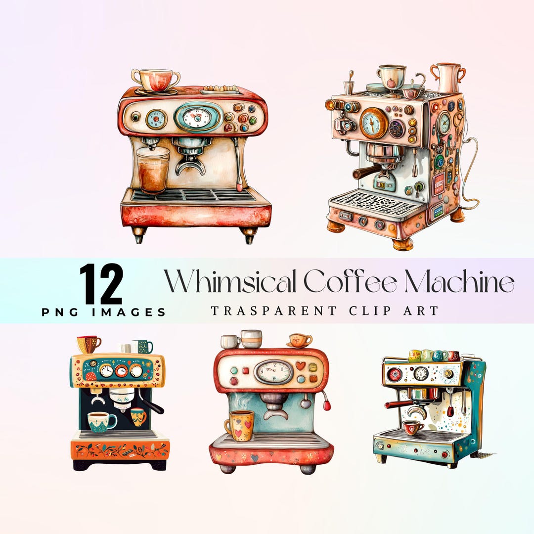 Vintage Whimsical Coffee Machine, Retro Espresso Maker Illustration PNG ...