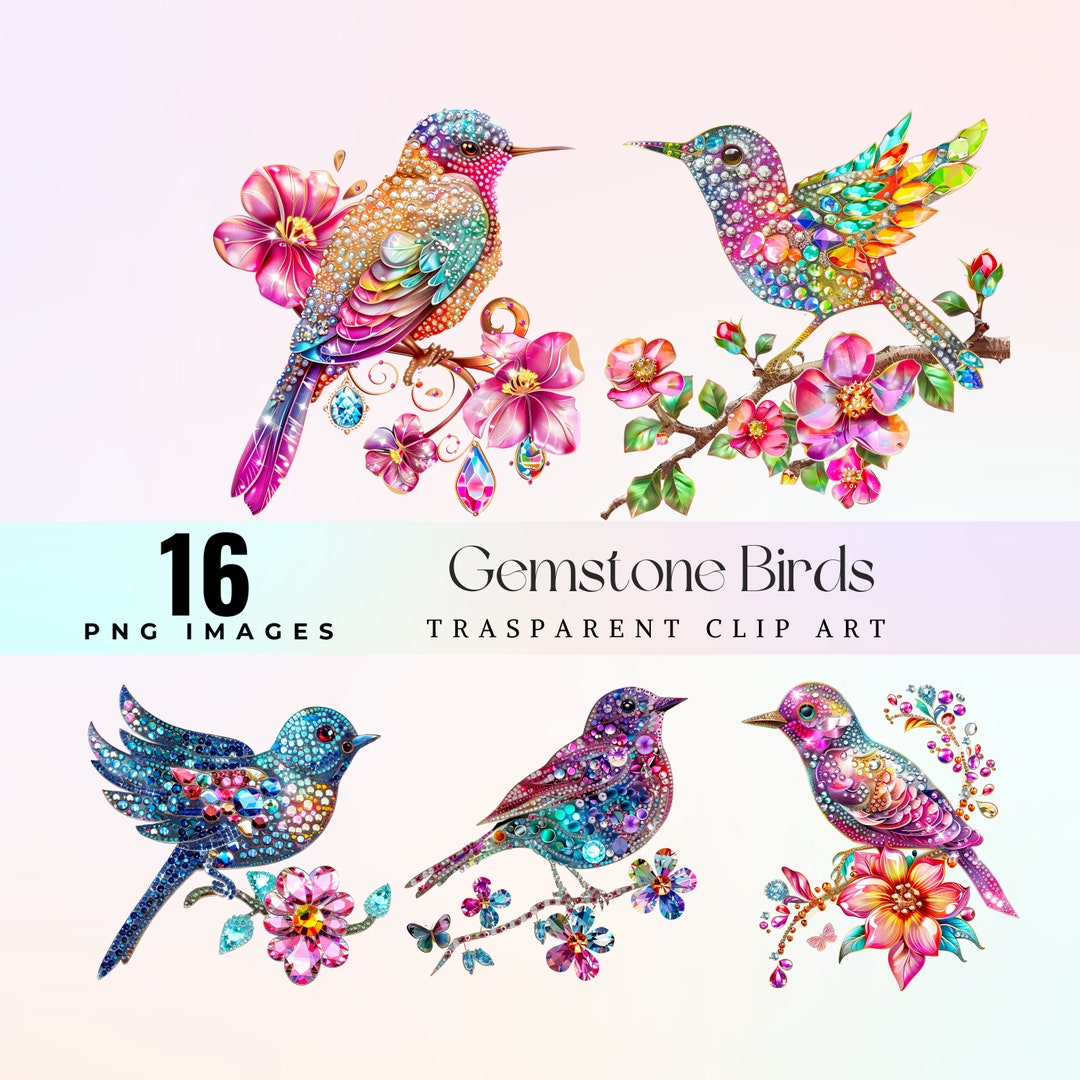 Cute Gemstones Bird Clip Art, Watercolor Shiny Tiny Bird and Flowers ...