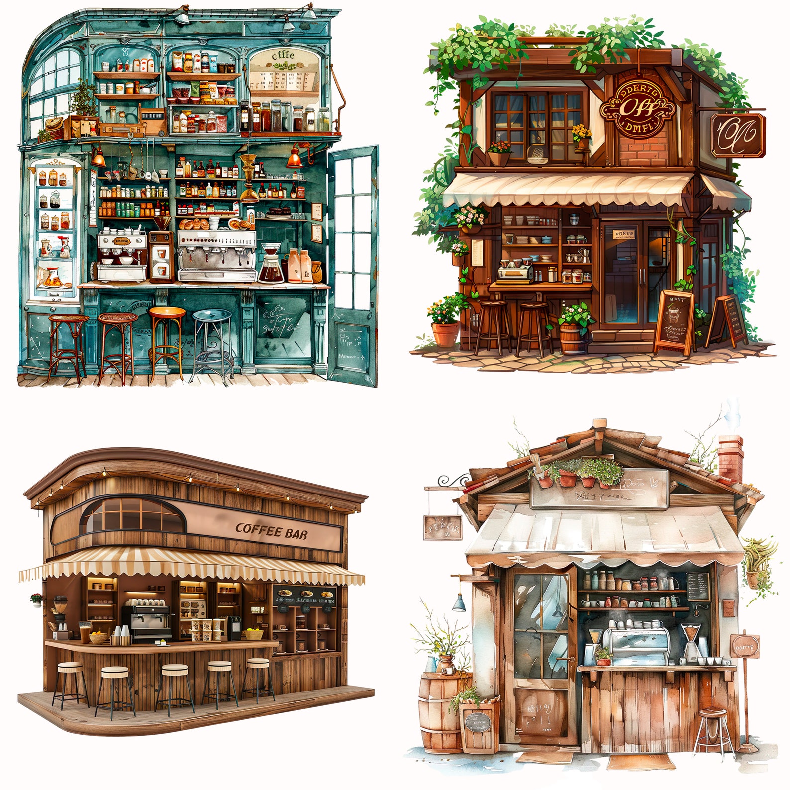Cute Coffee Shop Clip Art, Watercolor Coffeehouse Illustration PNG ...