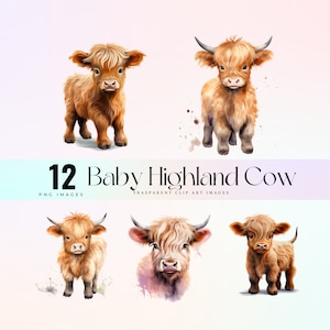 Cute Baby Highland Cow Clip Art, Watercolor Mini Highland Calf ...