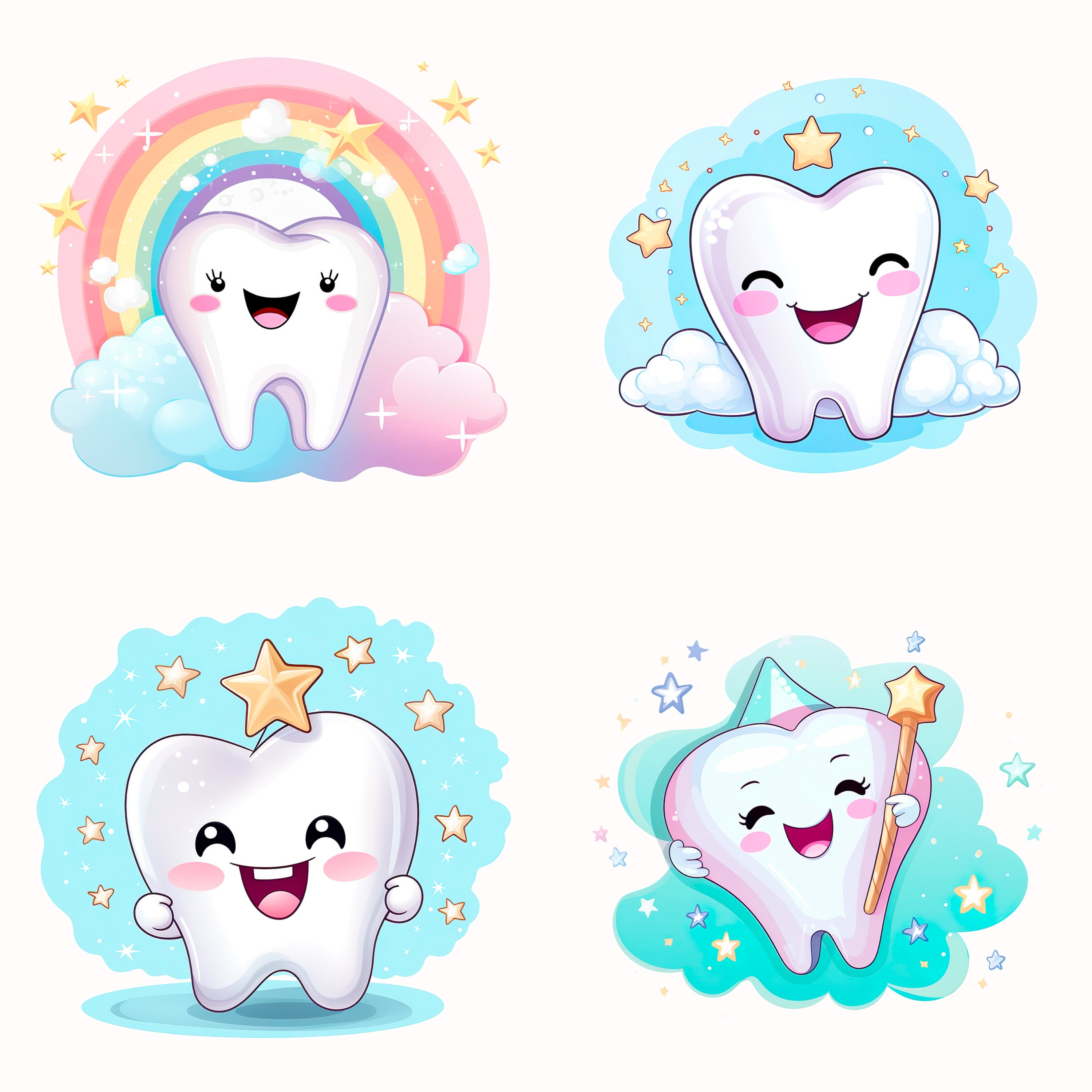 Cute Kawaii Tooth Clip Art, Watercolor Japanese Teeth Kawaii, Cute ...