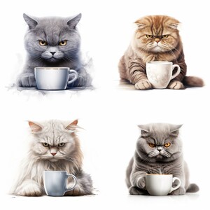 Angry Morning Coffee Cat Clip Art, Realistic Painting Grumpy Purebred ...