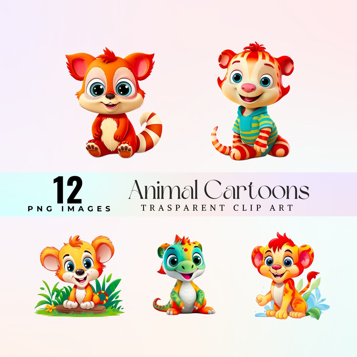 Cute Cartoon Animals Clip Art Happy Jungle Babies Png Nice - Etsy