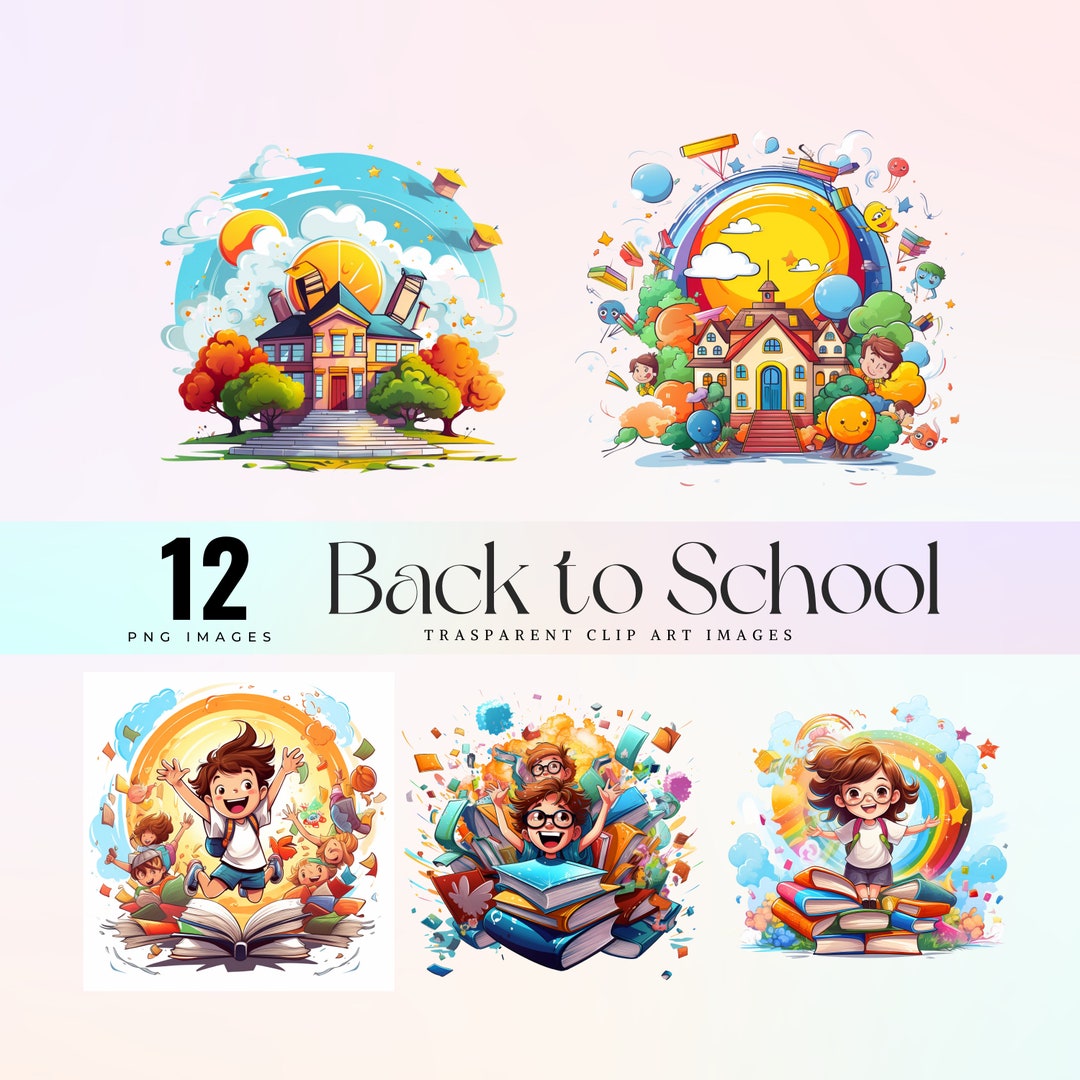Back to School Cartoon Clip Art, Watercolor Funny School Books ...
