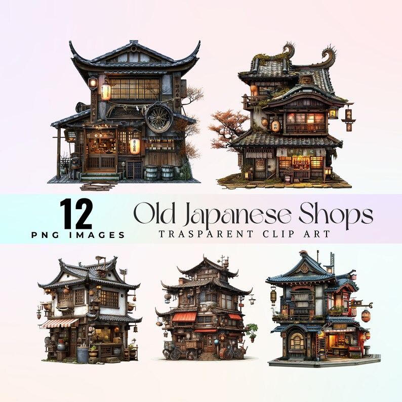 Old Japanese Shops Clip Art, Watercolor Vintage Japan Storefronts ...
