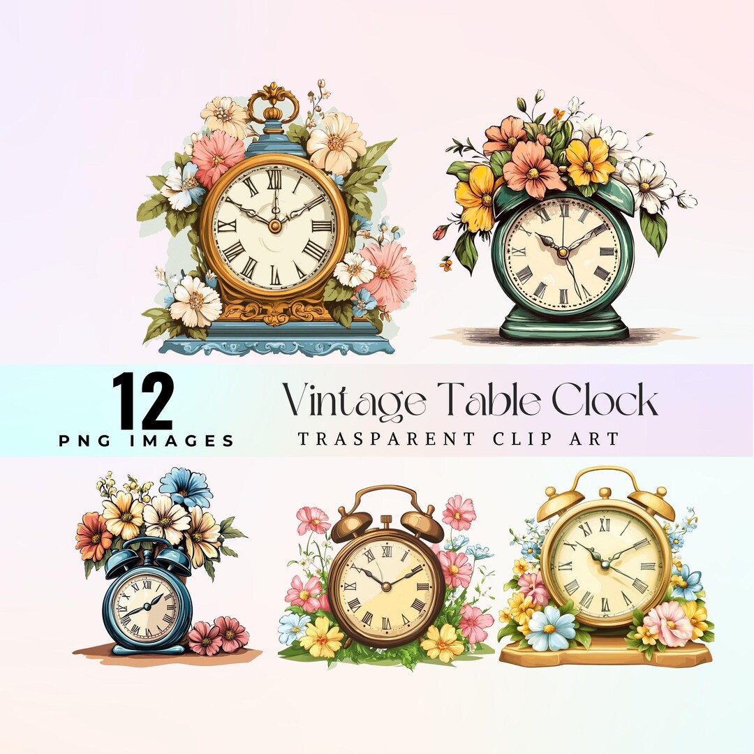 Vintage Clock Watercolor Illustration, Retro Floral Clocks PNG (digital ...