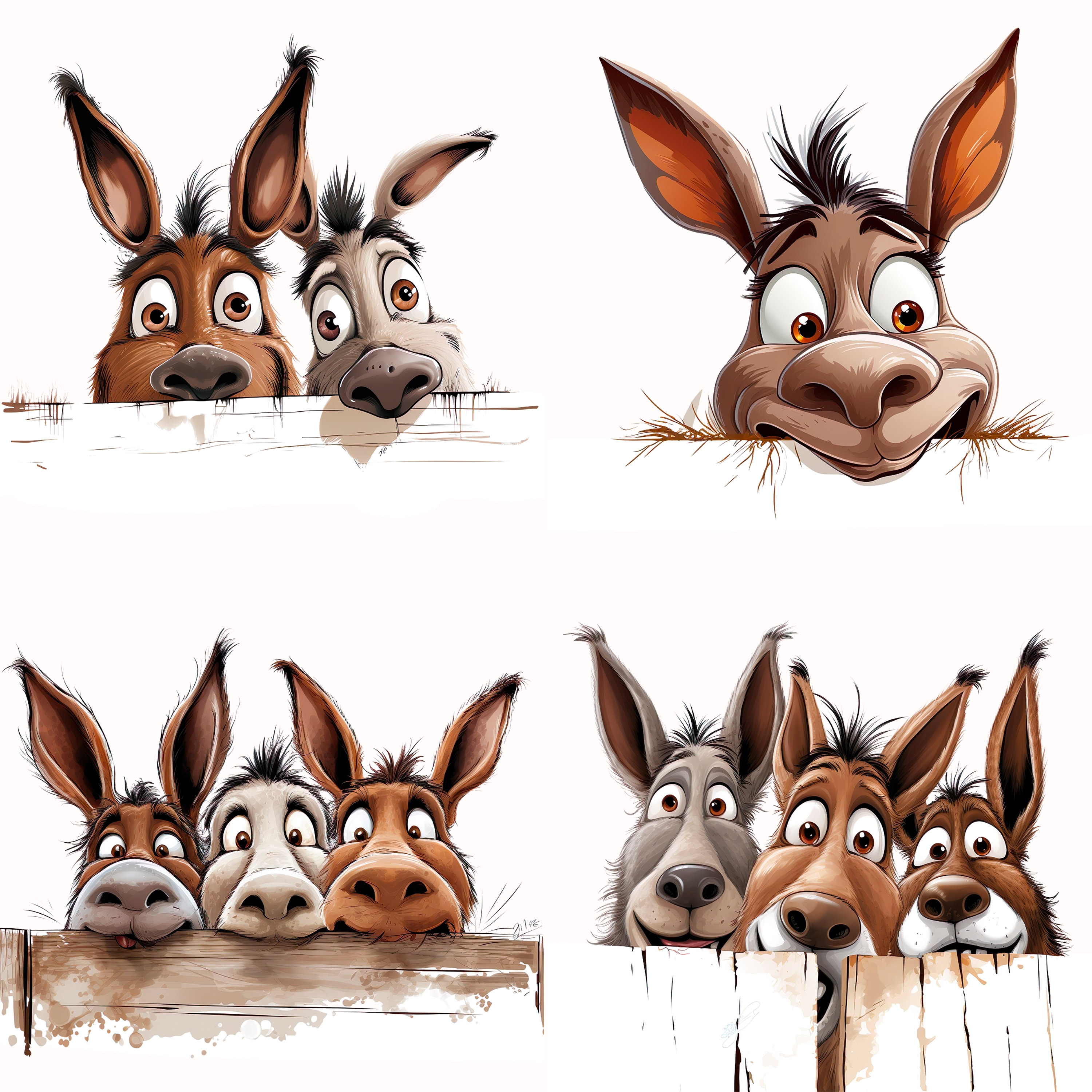 Funny Peeking Donkeys Clip Art, Watercolor Cheeky Chuckles Mule Faces ...