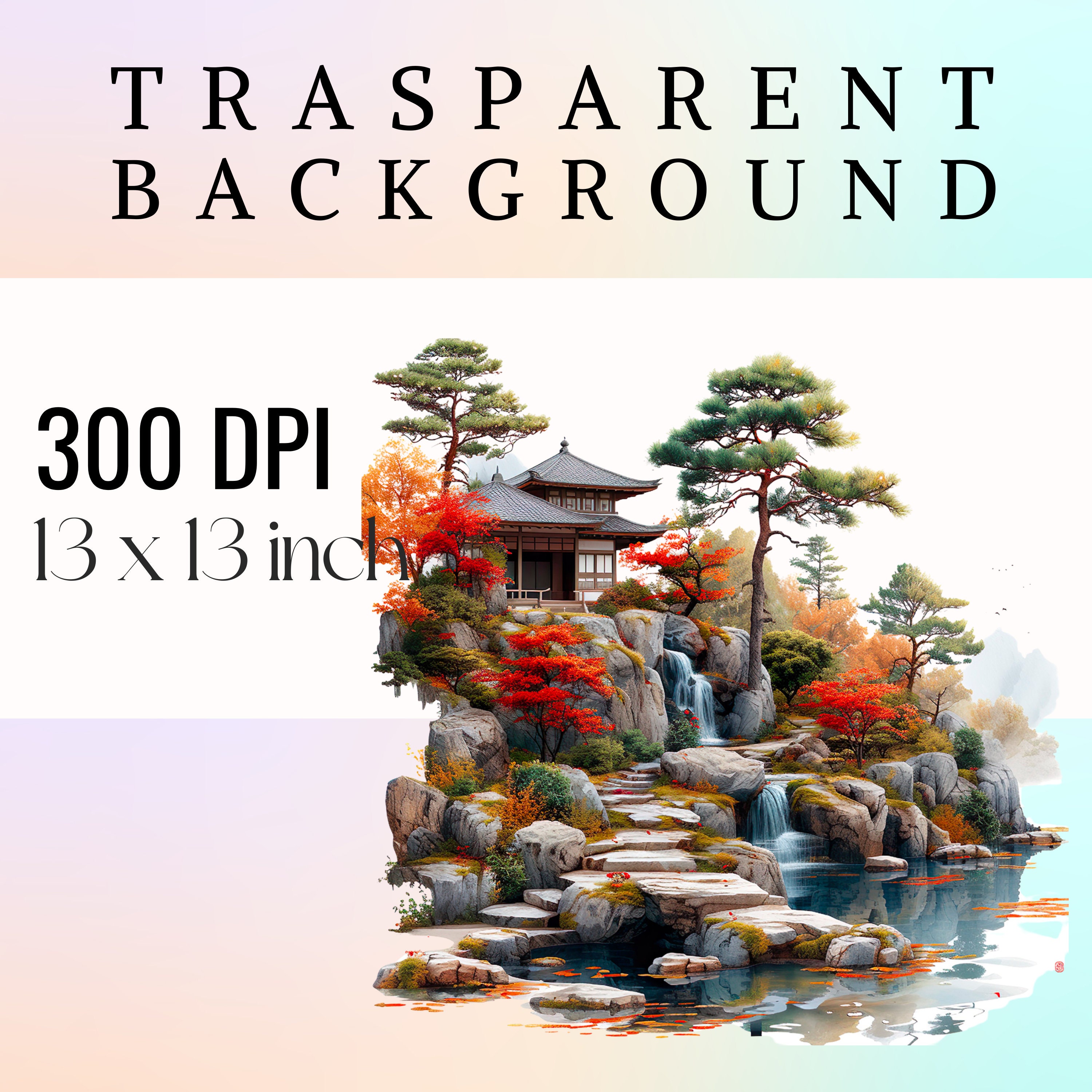 Realistic Enchanting Japanese Gardens Clip Art, Watercolor Harmonious ...