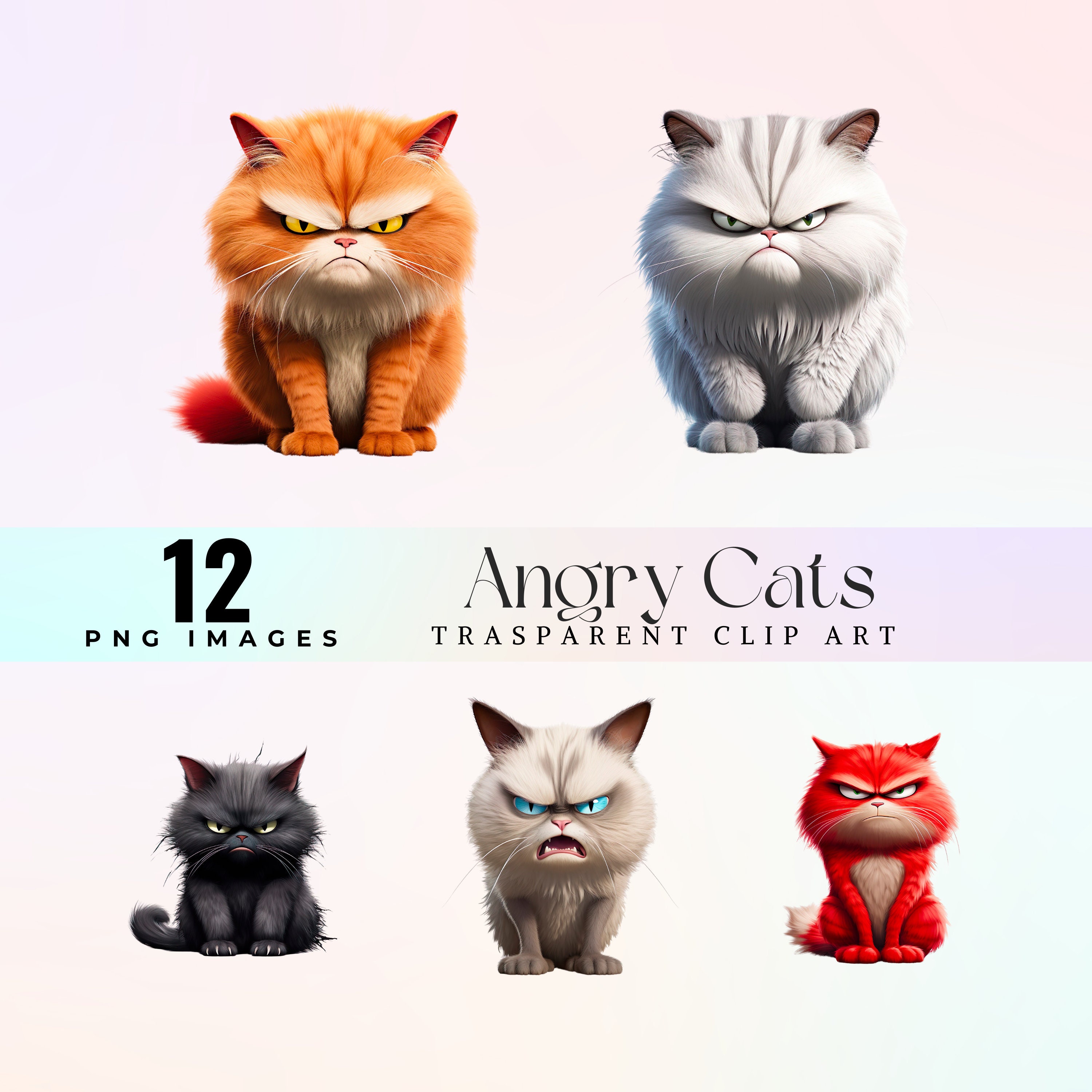 Cute Angry Cats Clip Art, Hilarious Crabby Cat Illustration PNG, Funny ...