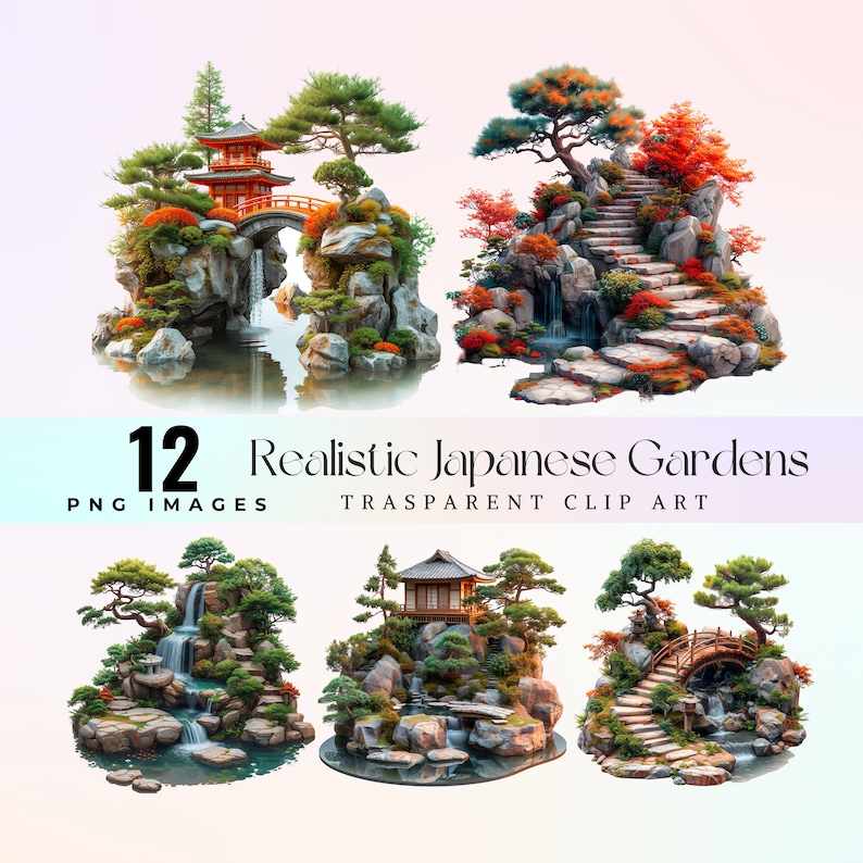Realistic Enchanting Japanese Gardens Clip Art, Watercolor Harmonious ...