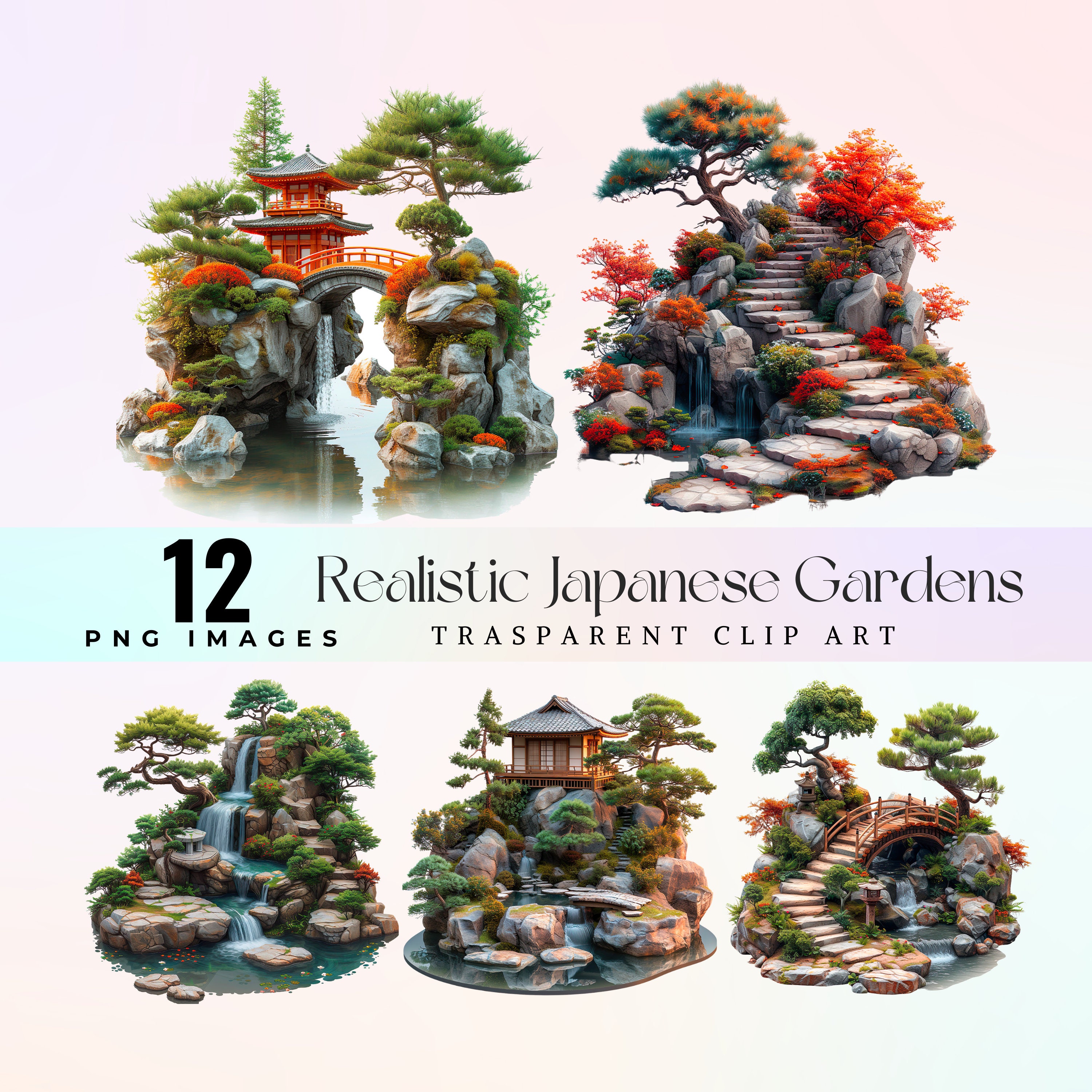 Realistic Enchanting Japanese Gardens Clip Art, Watercolor Harmonious ...