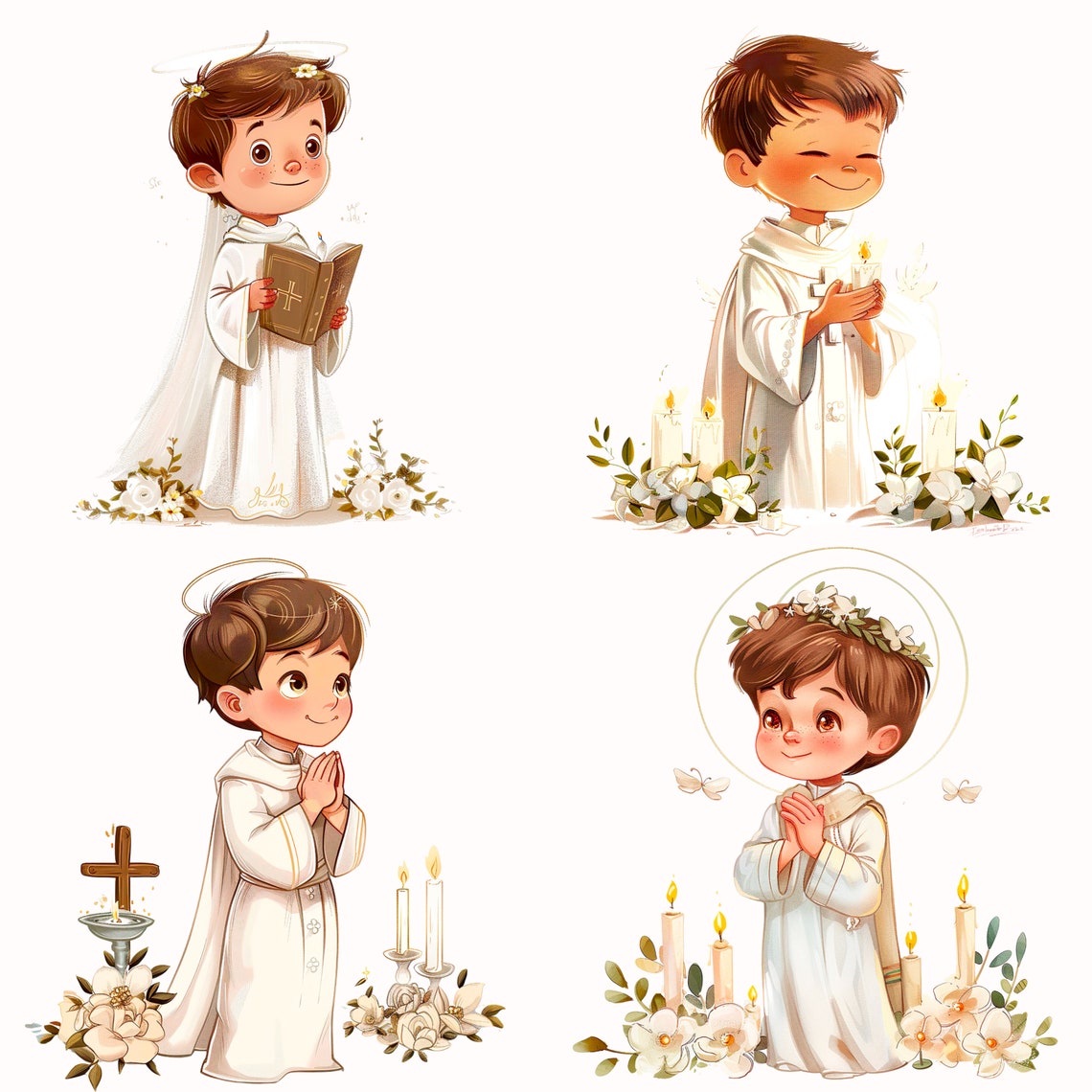 Graceful First Communion Boy Clip Art, Watercolor Sweet White Communion ...