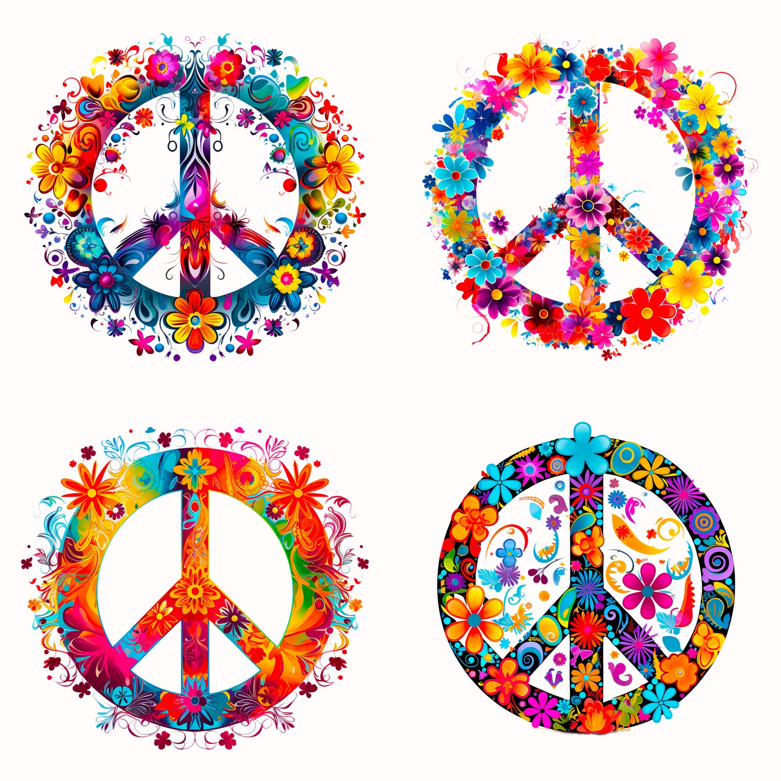 Symbol of Peace Clip Art, Floral Peace Sign PNG, Watercolor Hippie Floral Peace Symbol Clip Art ...