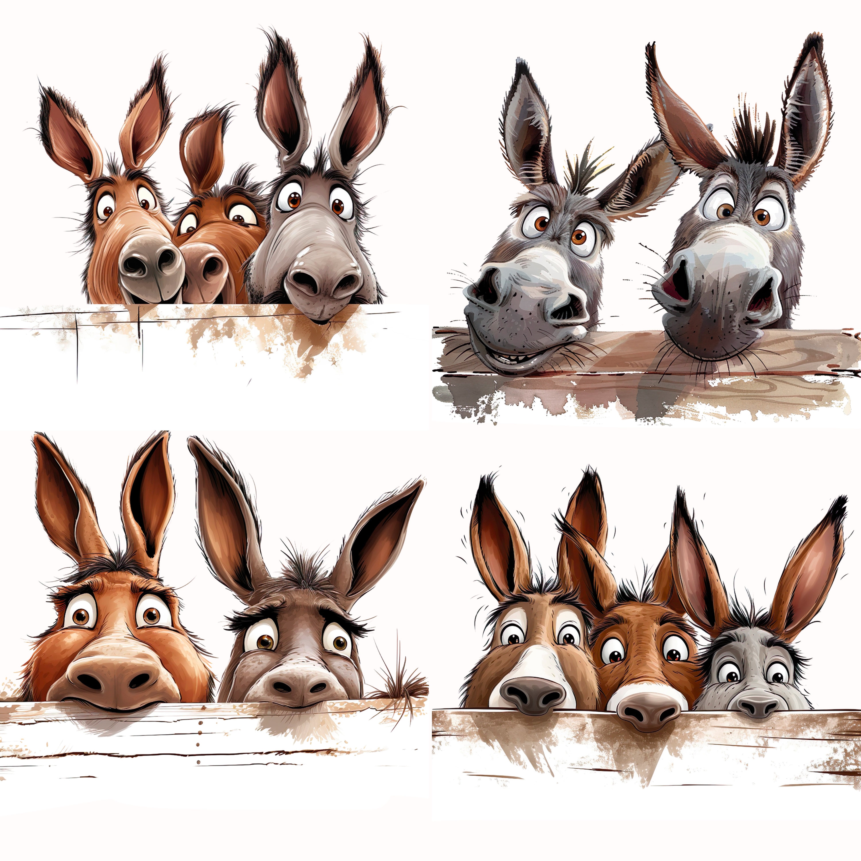 Funny Peeking Donkeys Clip Art, Watercolor Cheeky Chuckles Mule Faces ...