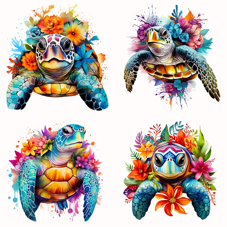 Cute Boho Turtle Clip Art, Watercolor Turtles and Flowers Illustration ...