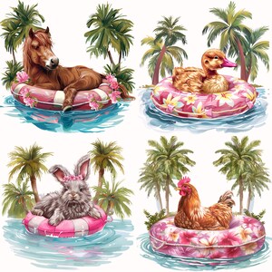 Funny Pool Farm Animals Clip Art, Watercolor Quirky Bathers on Lifebuoy ...