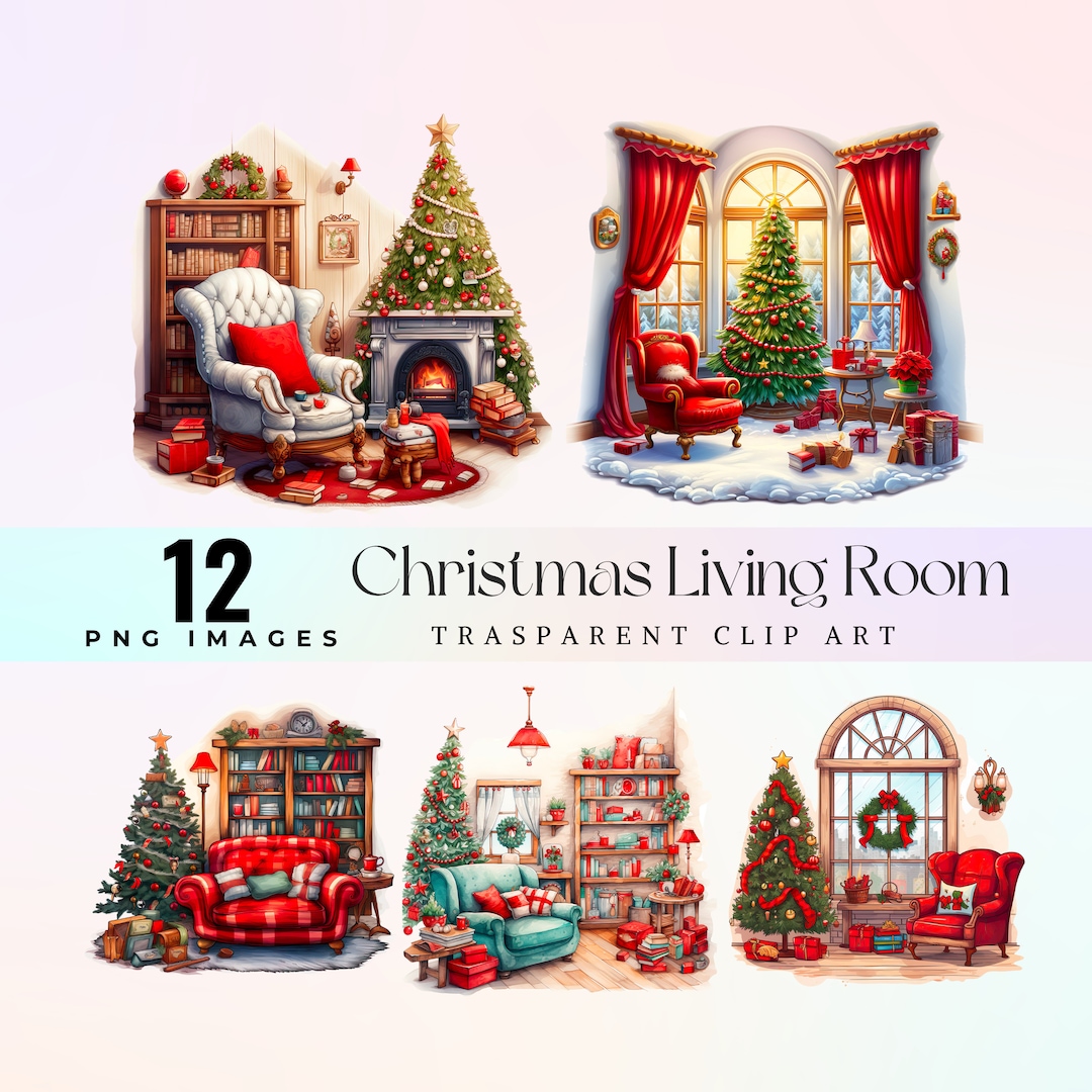 Christmas Living Room Clip Art, Watercolor Christmas Festive Living ...