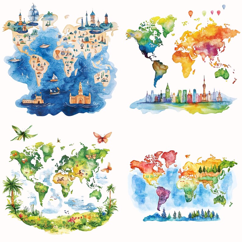 Watercolor World Map Clipart: Playful Globe Design (PNG Digital ...