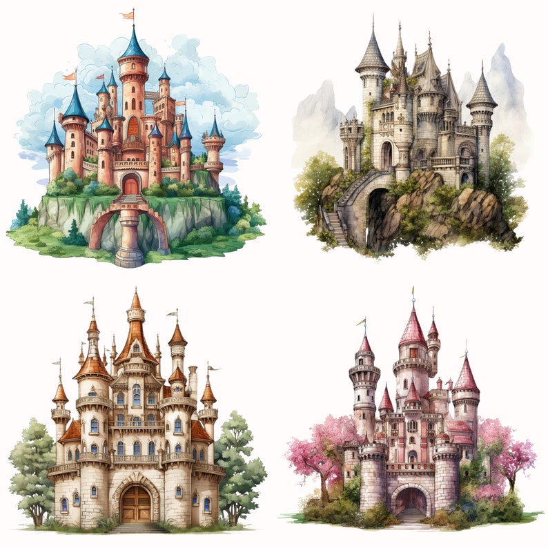 Cute Fairytale Castle Clip Art, Watercolor Magic Fairy Castle ...