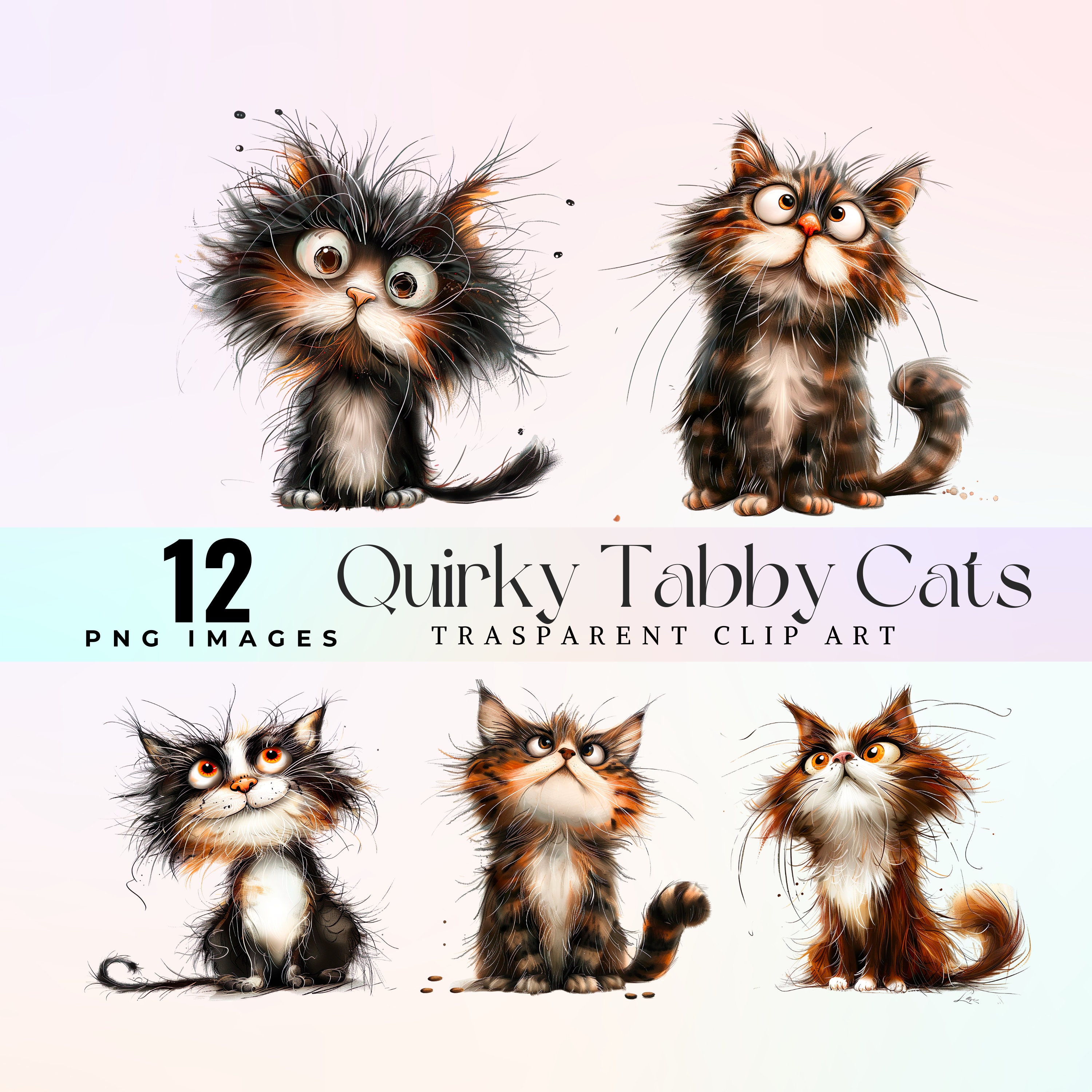 Quirky Tabby Cat Clip Art, Eccentric Funny Cats Illustration PNG, Crazy ...