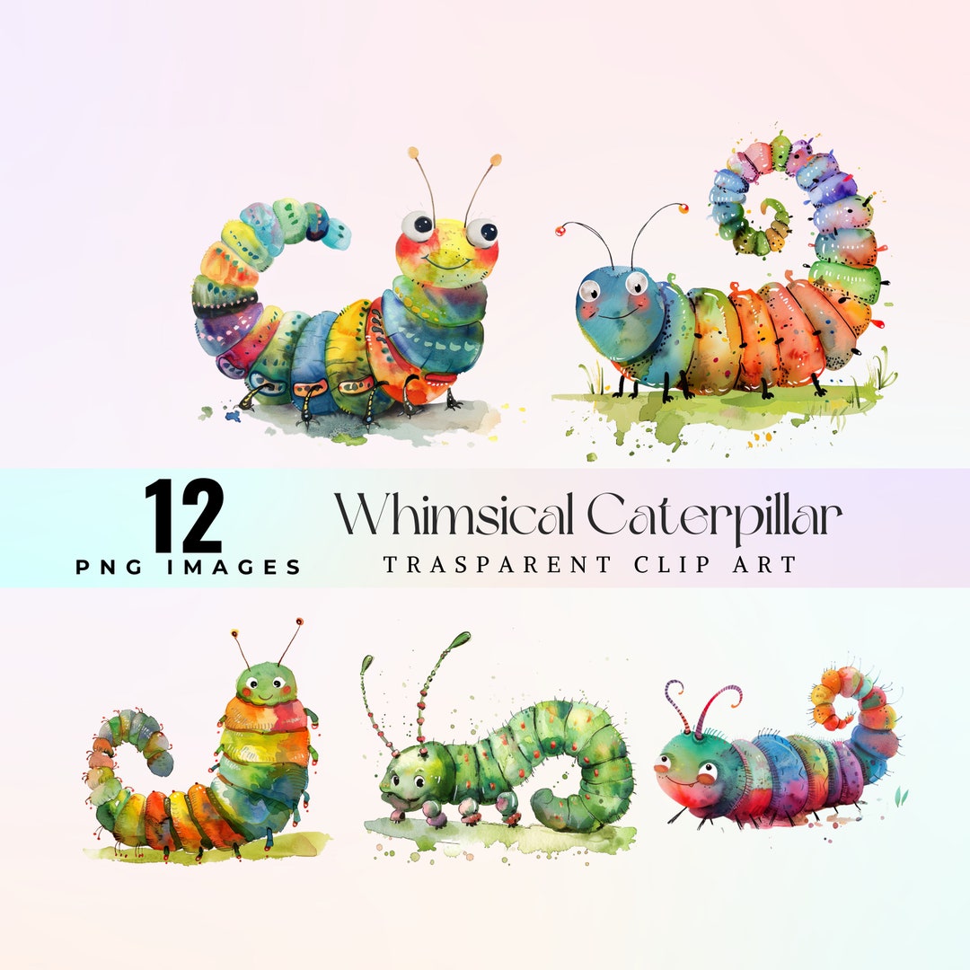 Watercolor Caterpillar Clip Art: Funny Bug Illustrations (PNG Digital ...