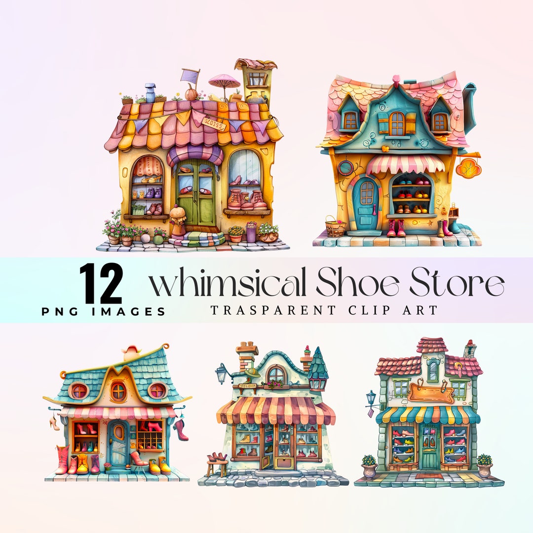 Whimsical Shoe Shop Clip Art, Watercolor Witty Shoe Store Illustration ...
