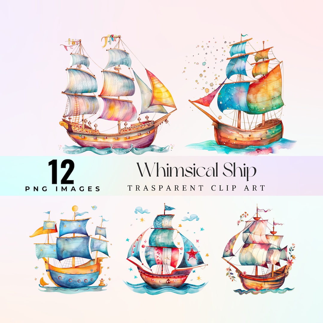 Whimsical Ship Clip Art, Watercolor Fantastical Boat Illustration PNG ...