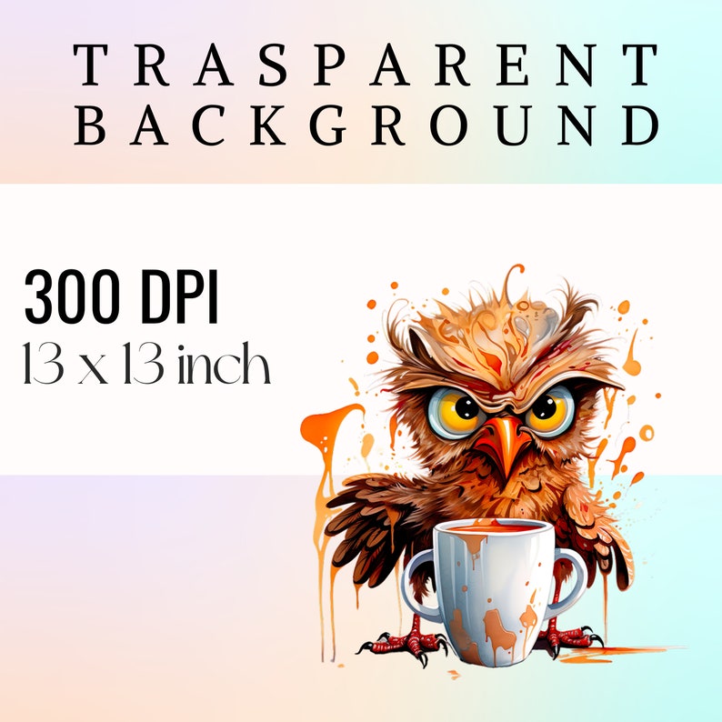 Funny Coffee Birds Watercolor Clipart: Cartoon Owl & Crow PNG (digital ...