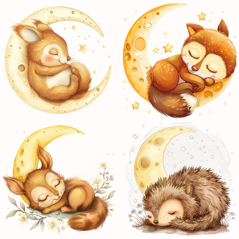 Cute Sleeping Woodland Animals Clip Art, Watercolor Sweet Sleeping ...