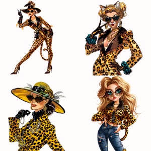 Quirky Lady Leopard Outfit Clip Art, Watercolor Wild Stylish Woman ...