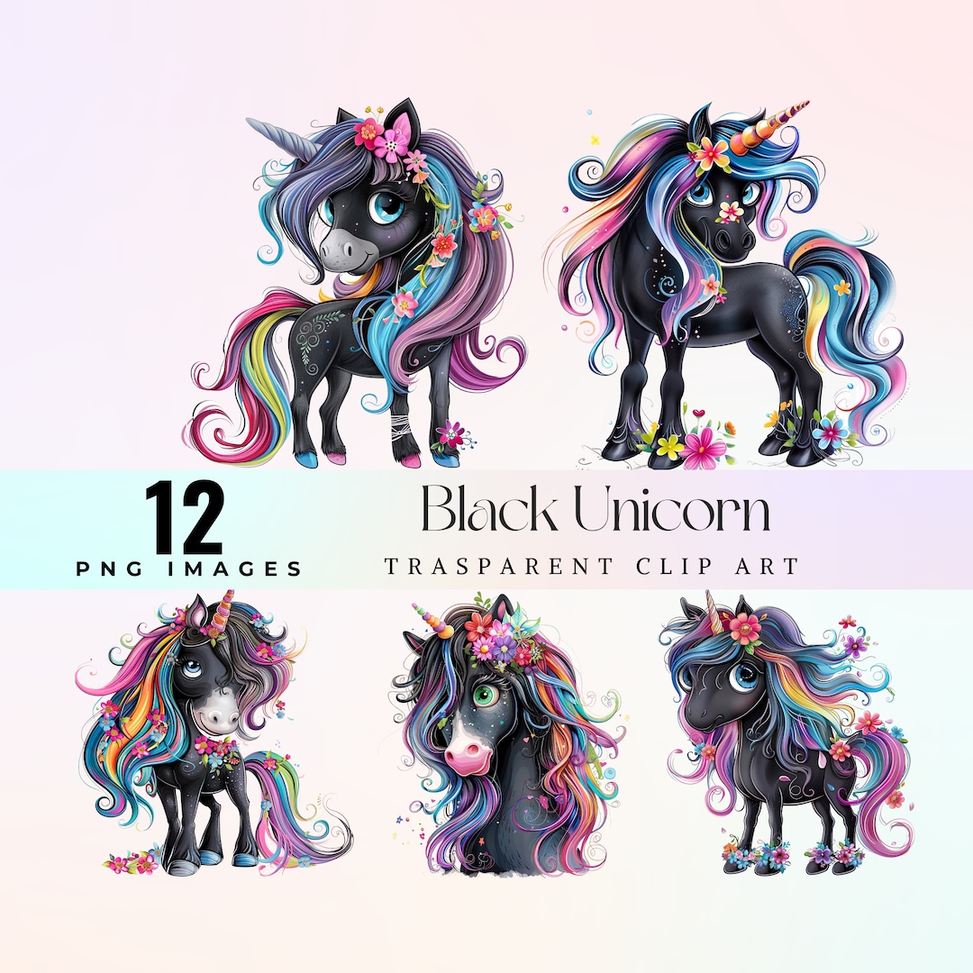 Watercolor Black Unicorn Clip Art: Floral Dark Horse PNG (digital ...