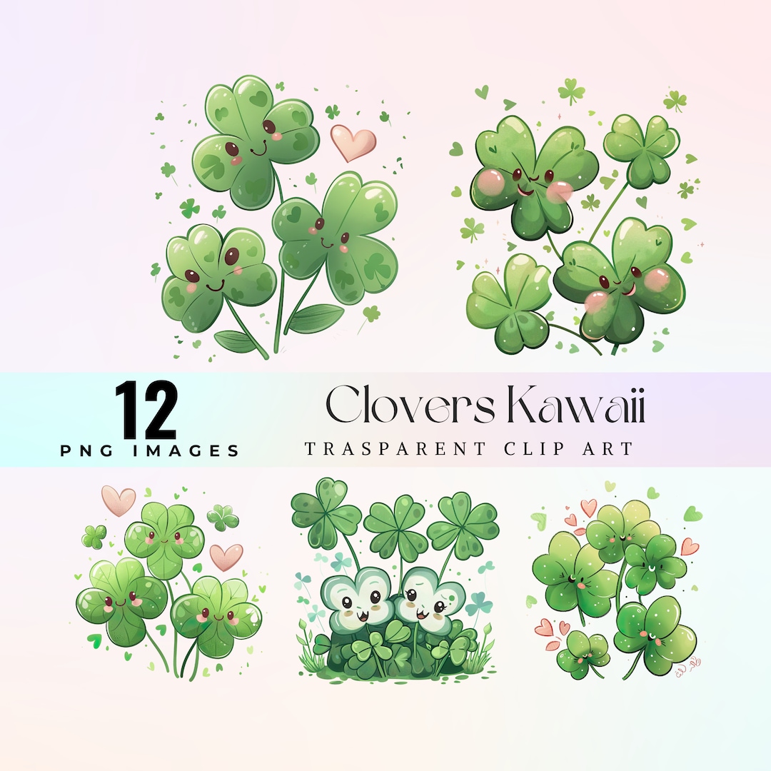 Cute Kawaii Clovers Clip Art, Watercolor Sweet Shamrocks Illustration ...