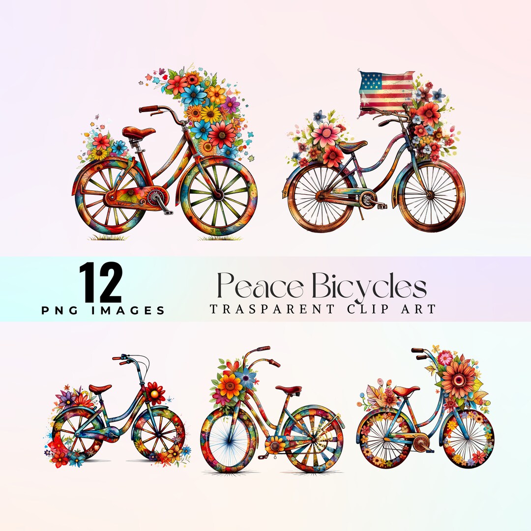 Watercolor Peace Bicycle Clipart: Floral Bike Art (PNG, 300 DPI) - Etsy
