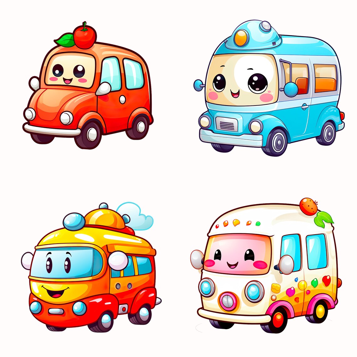 Funny Kawaii Vehicle Clip Art, Watercolor Adorable Kawaii Trucks PNG ...