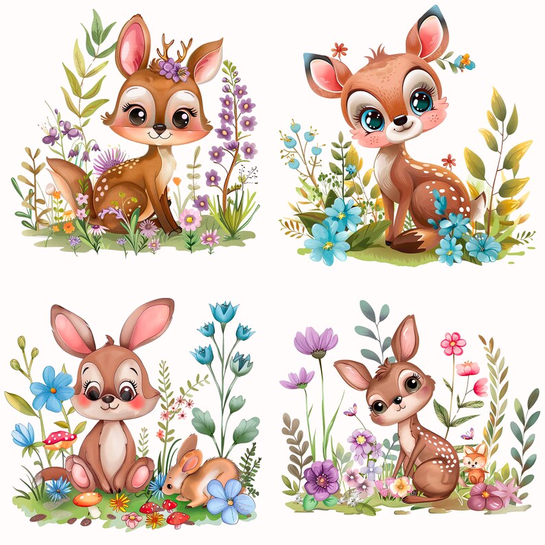 Cute Woodland Baby Animals Clip Art, Watercolor Adorable Tiny Forest ...