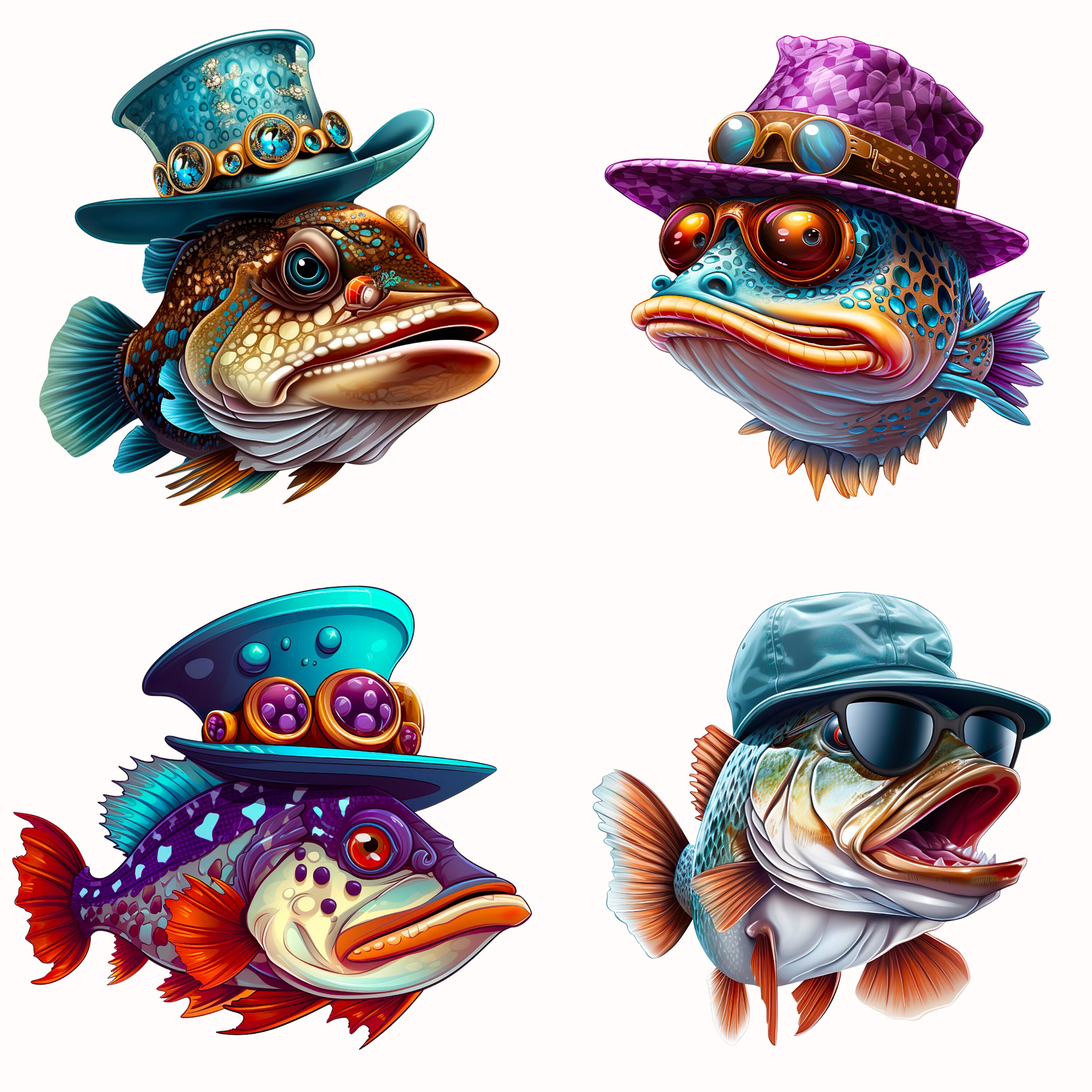 Funny Bass Fish Clip Art, Watercolor Saltwater Fish With Sunglasses and ...