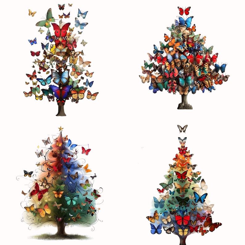 Watercolor Christmas Butterfly Tree Clip Art: Festive Holiday PNG ...